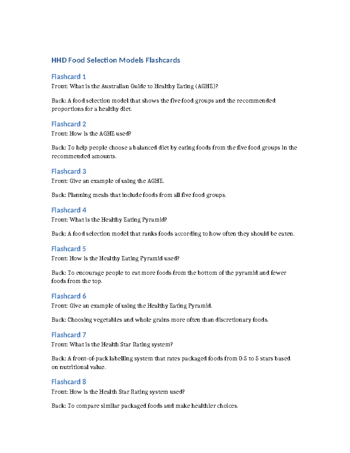 HHD Food Selection Models Flashcards: AGHE & Healthy Eating Guide - Studocu