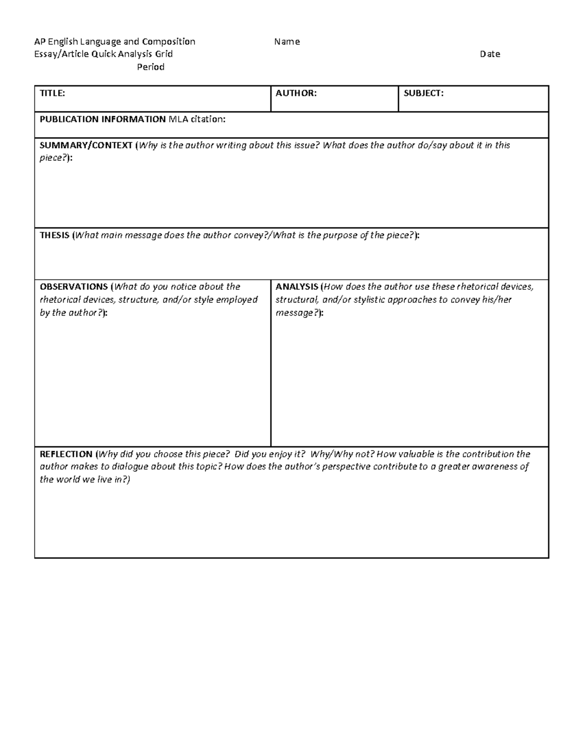 AP Lang Summer Assignment: Essay/Article Quick Analysis Grid - Studocu