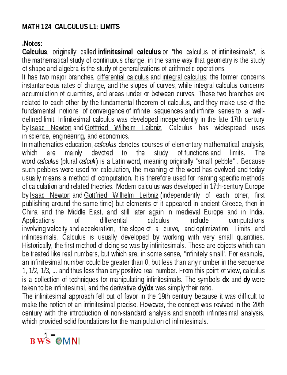 MATH 124 CALCULUS L1: LIMITS - Lesson 1 Notes - Studocu
