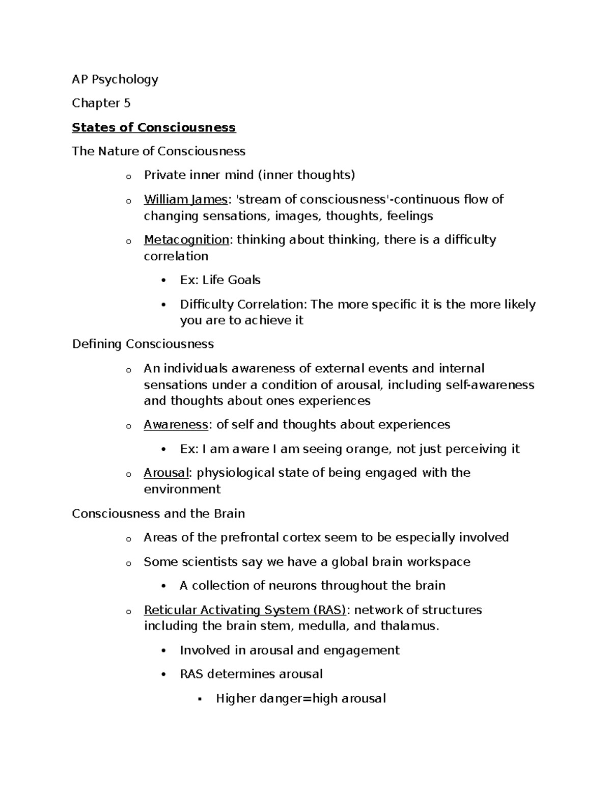 AP Psychology Chapter 5: Understanding States of Consciousness and ...
