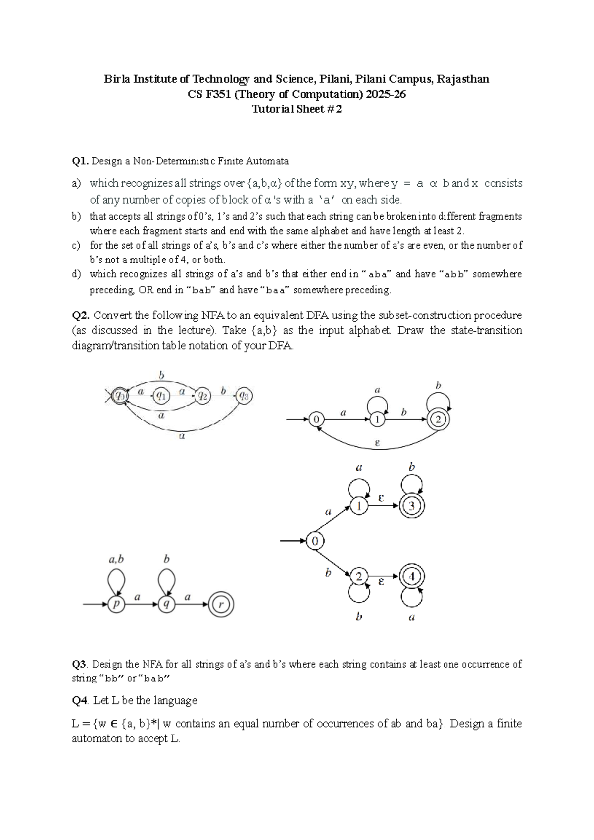 CS F351 Tutorial Sheet: Finite Automata Design Problems - Studocu