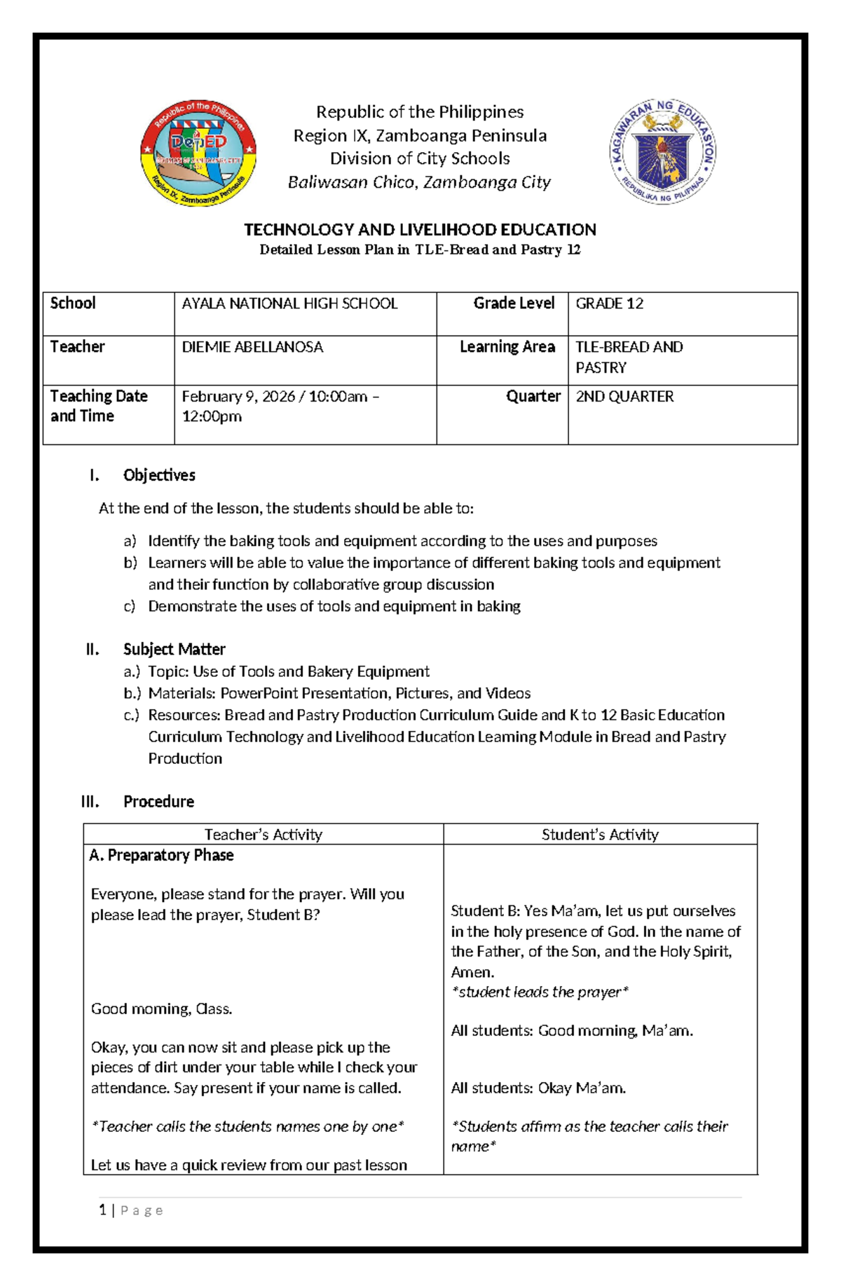 Detailed Lesson Plan on Baking Tools and Equipment for TLE 12 - Studocu