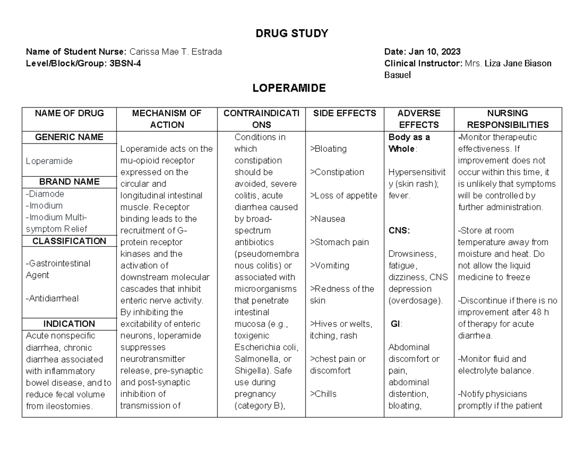 Drug Study on Loperamide (3BSN - Final Exam Notes) - Studocu