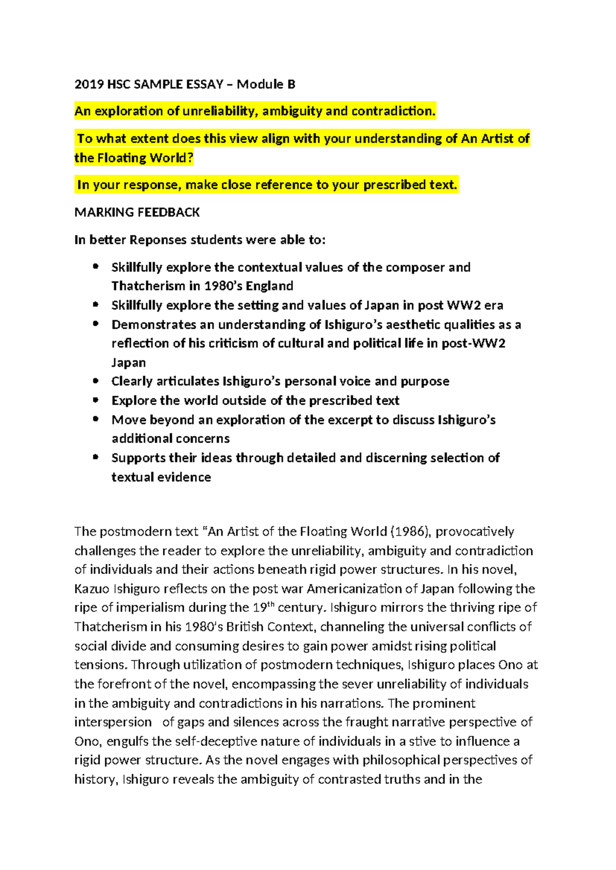 Mod B HSC Sample Essay: Unreliability in An Artist of the Floating ...
