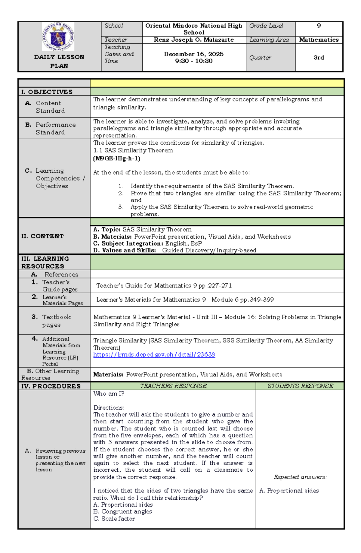 Module 11 SAS - Lesson Plan on Triangle Similarity Theorem - Studocu