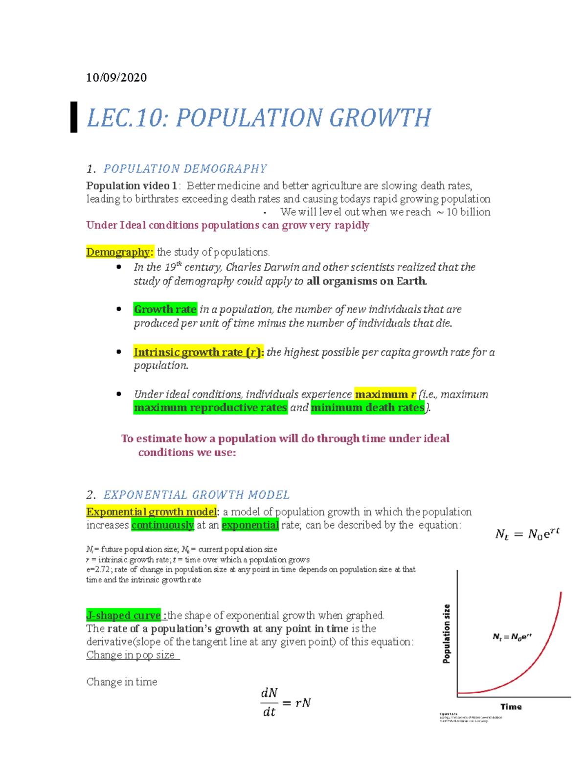 Ecology exam 2 - Lecture notes 8-12 - 10/09/ LEC: POPULATION GROWTH 1 ...