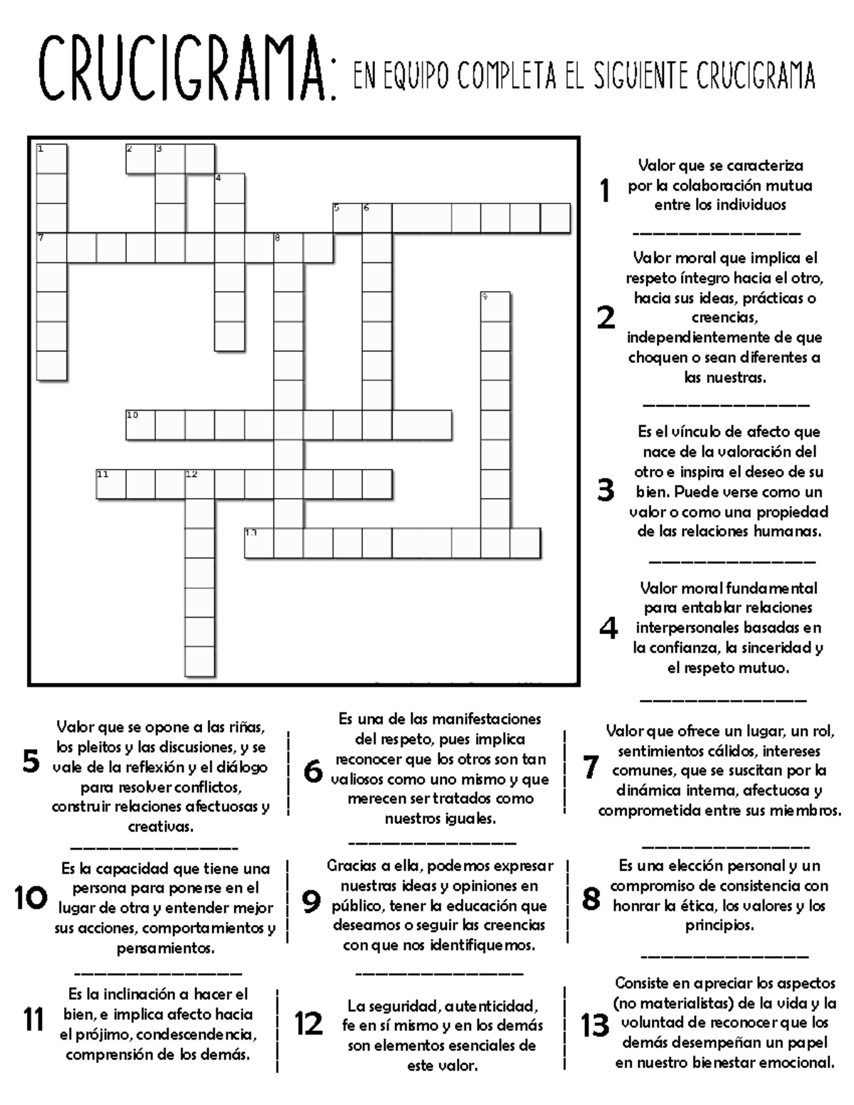 Crucigrama de Valores Interpersonales: Colaboración y Respeto - Studocu