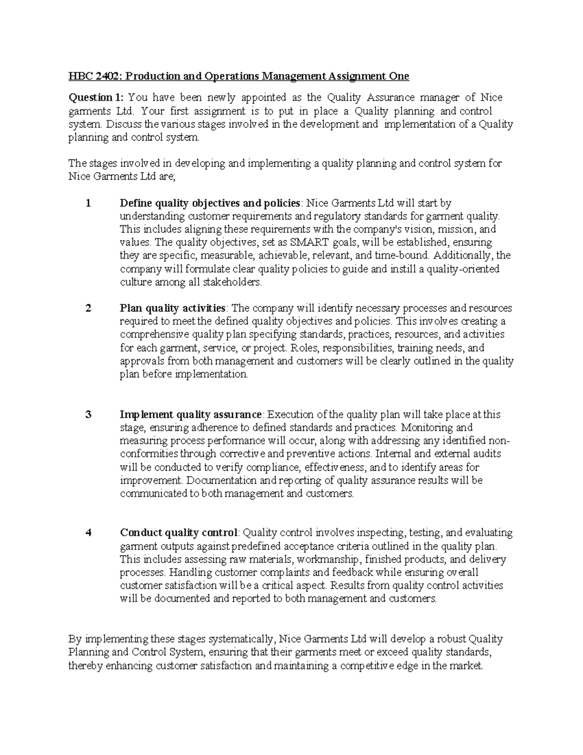 HBC 2402: Quality Planning & Control System for Nice Garments Ltd - Studocu