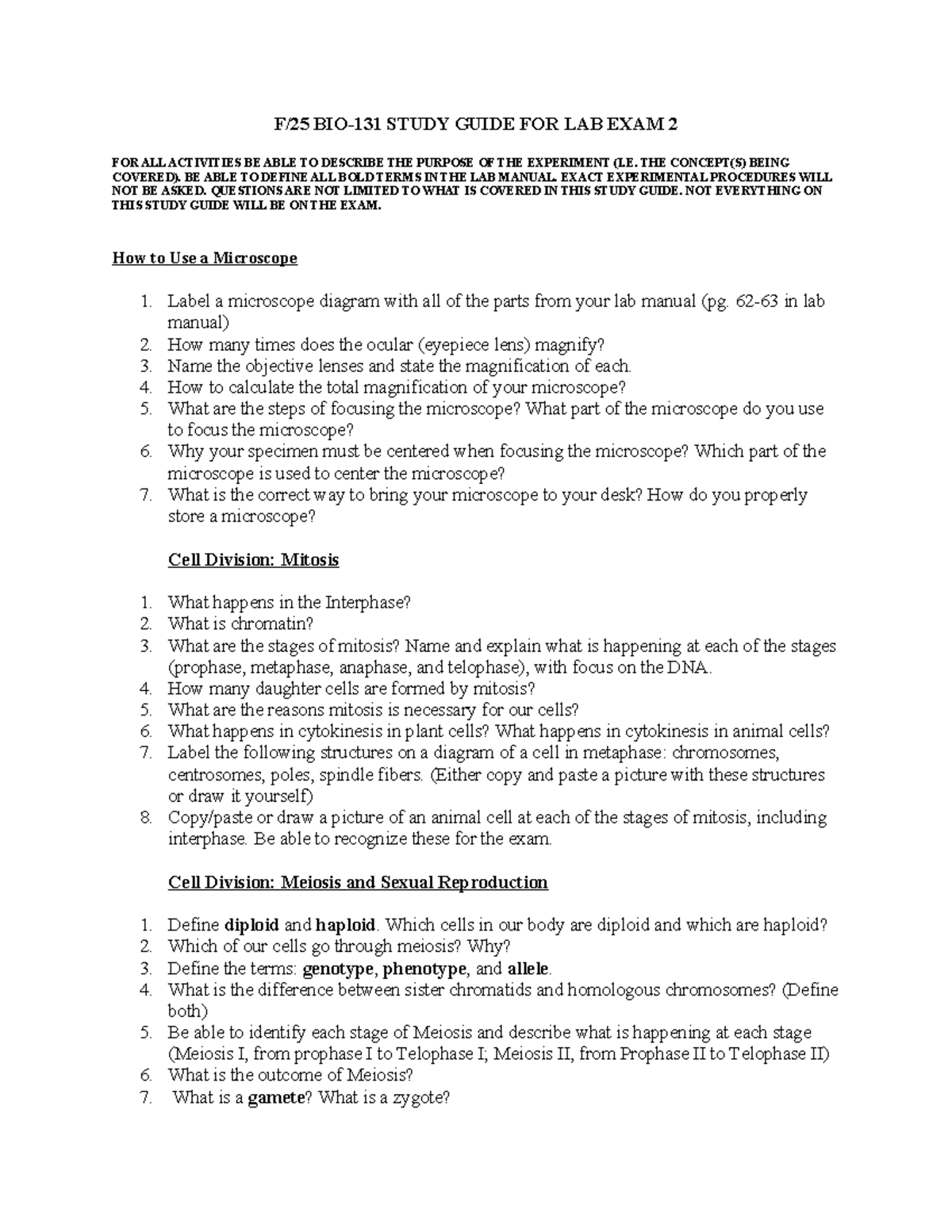 BIO-131 Lab Exam 2 Study Guide: Cell Division, Genetics & DNA/RNA - Studocu