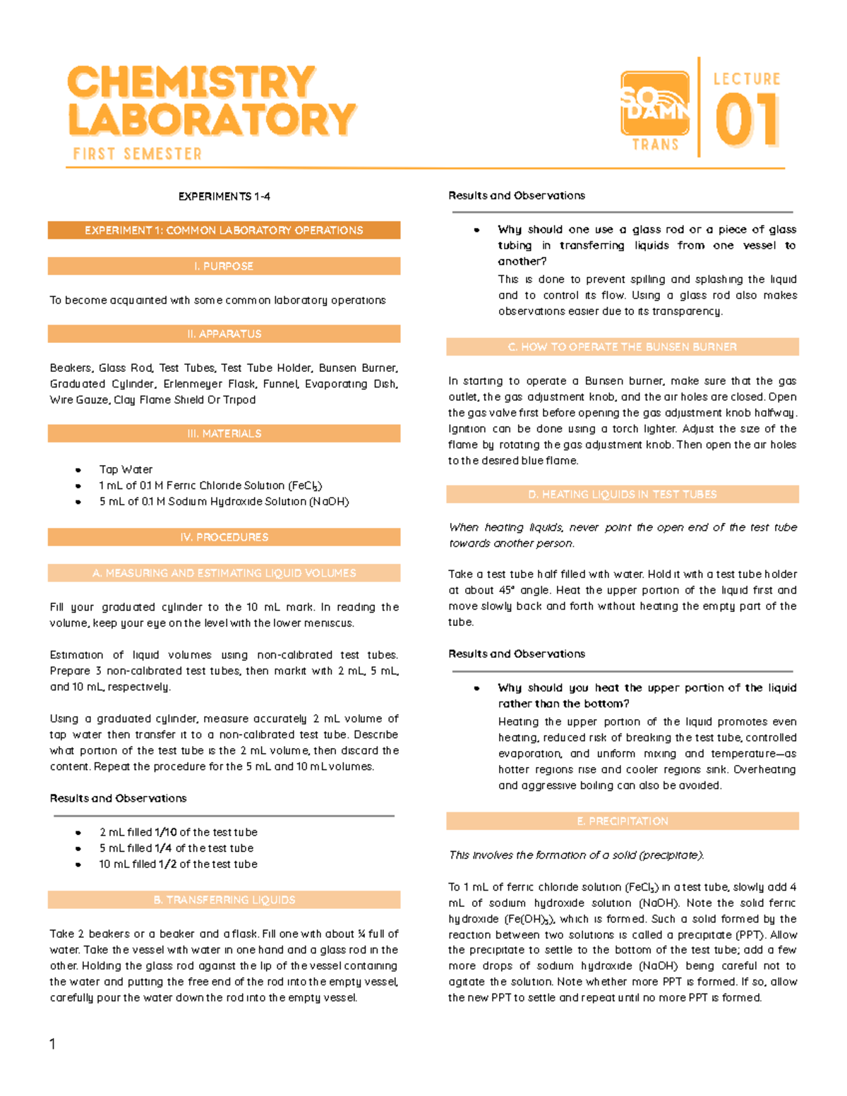 **Chemistry Lab Experiments 1-14: Techniques and Observations** - Studocu