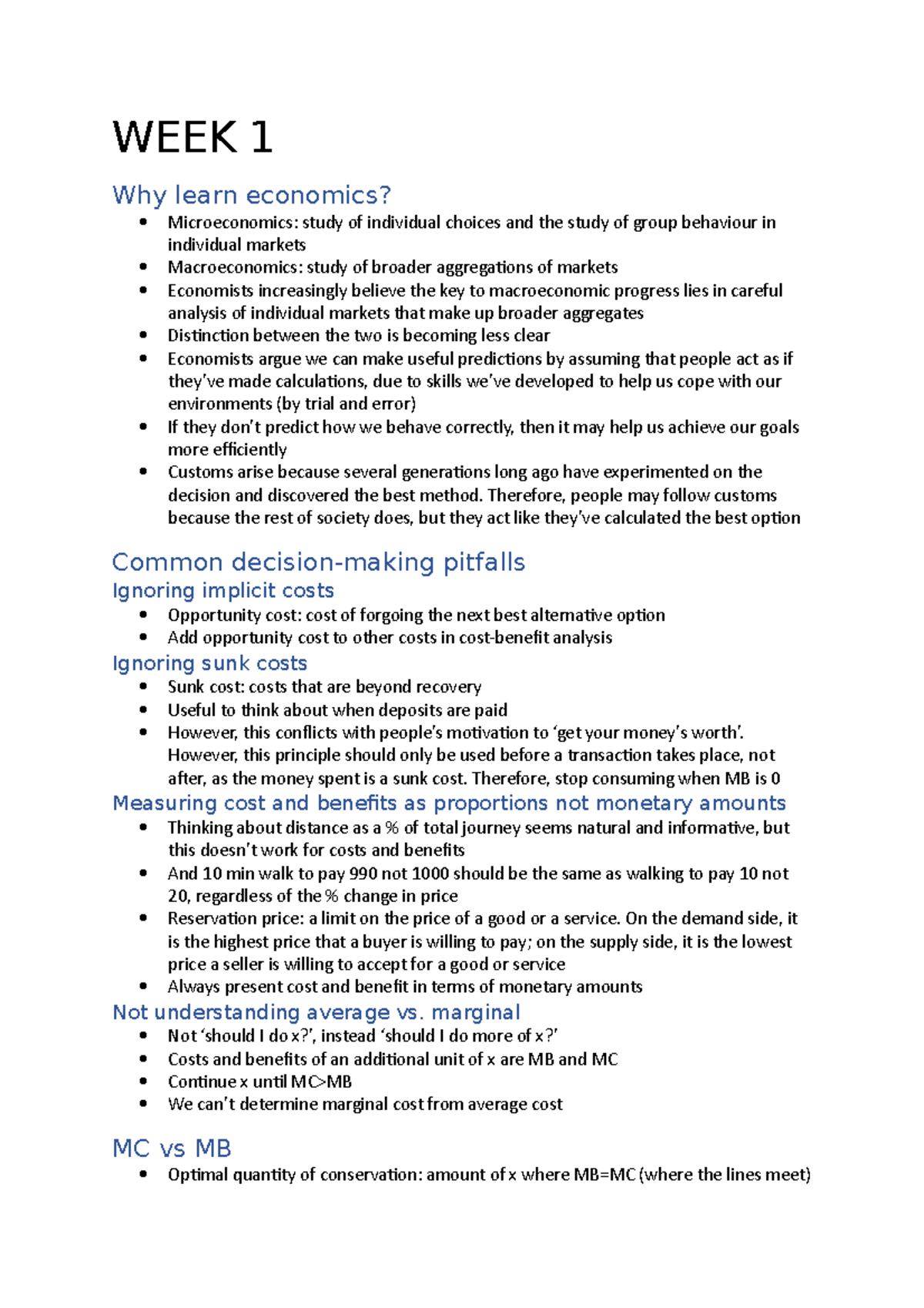 1 - first week - WEEK 1 Why learn economics? Microeconomics: study of ...
