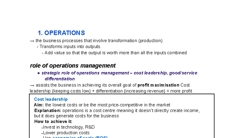 Operations - Business Studies - 1. OPERATIONS → the business processes ...