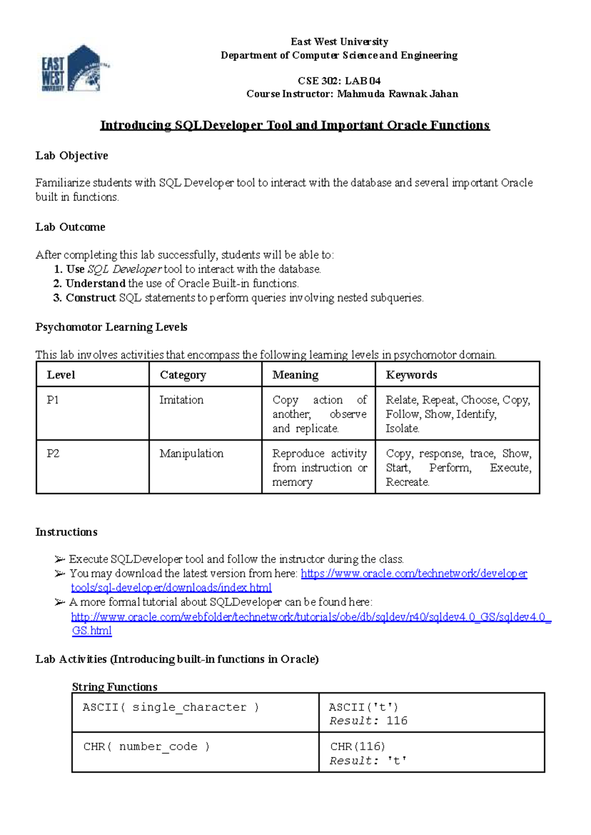 CSE 302: Lab 04 - Introduction to SQL Developer & Oracle Functions - Studocu