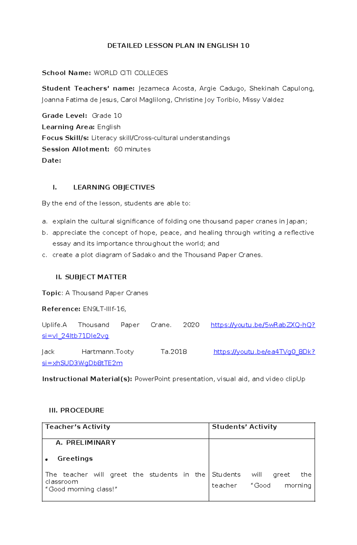 DETAILED LESSON PLAN FOR ENGLISH 10: A THOUSAND PAPER CRANES - Studocu