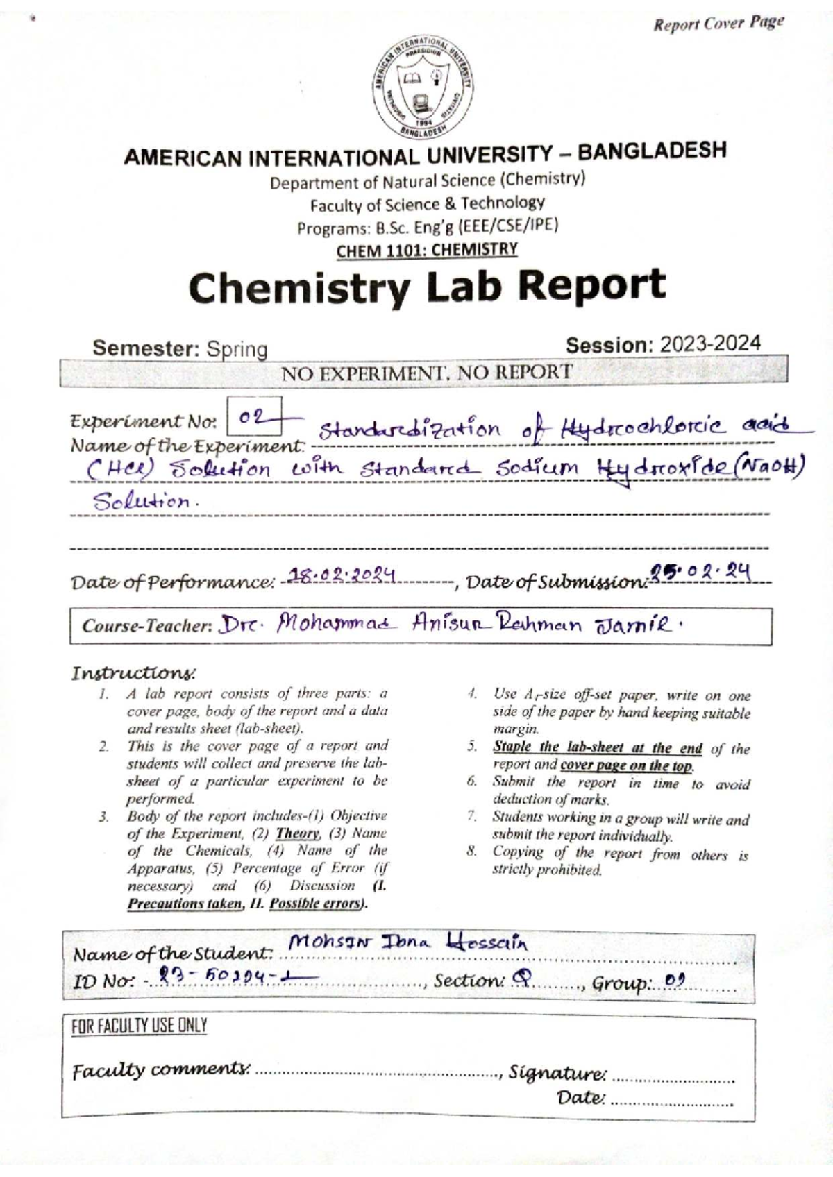 Chemistry Lab Report 2: Standardization of HCl with NaOH (CHEM 1101 ...