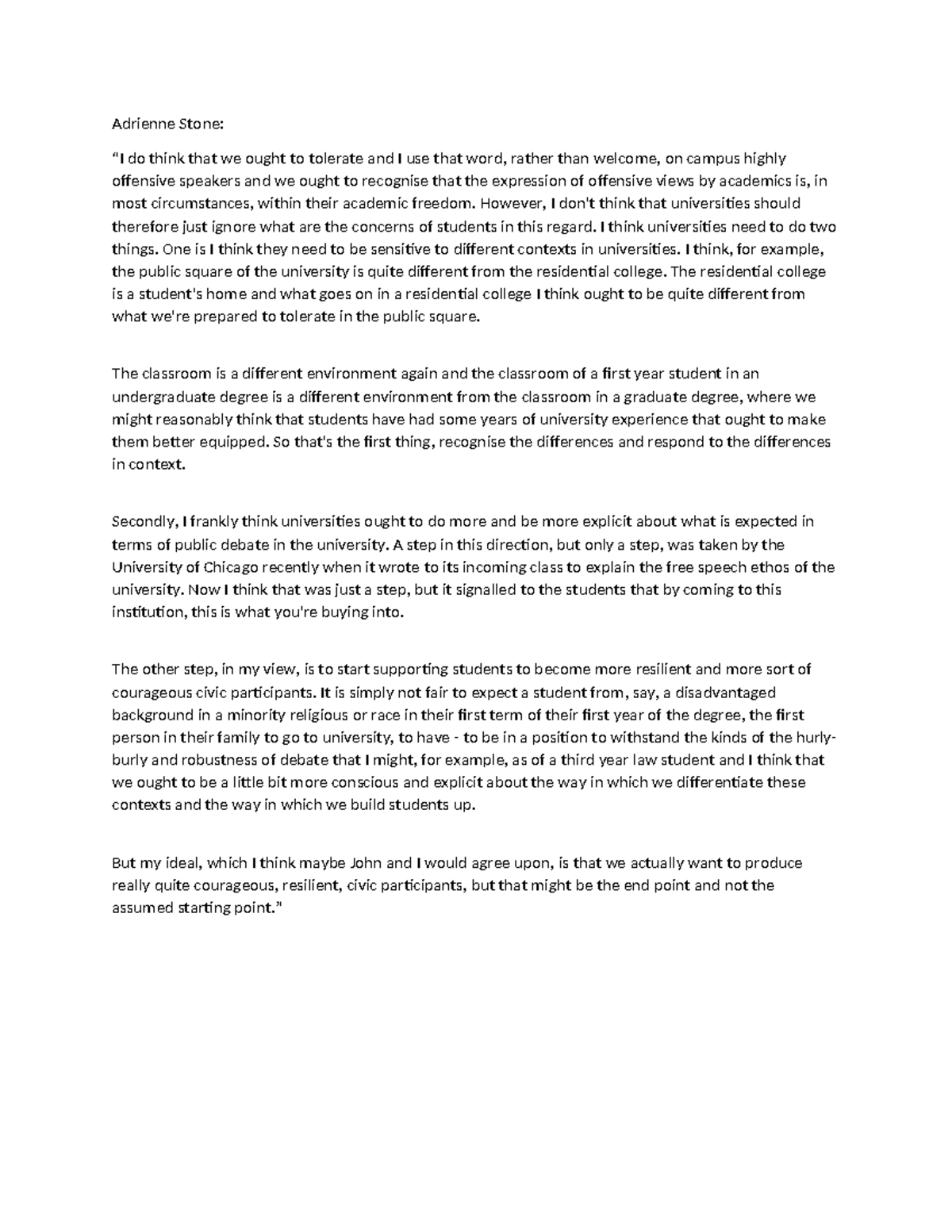 Adrienne Stone: Tolerating Offensive Speakers in Academia - Transcript ...
