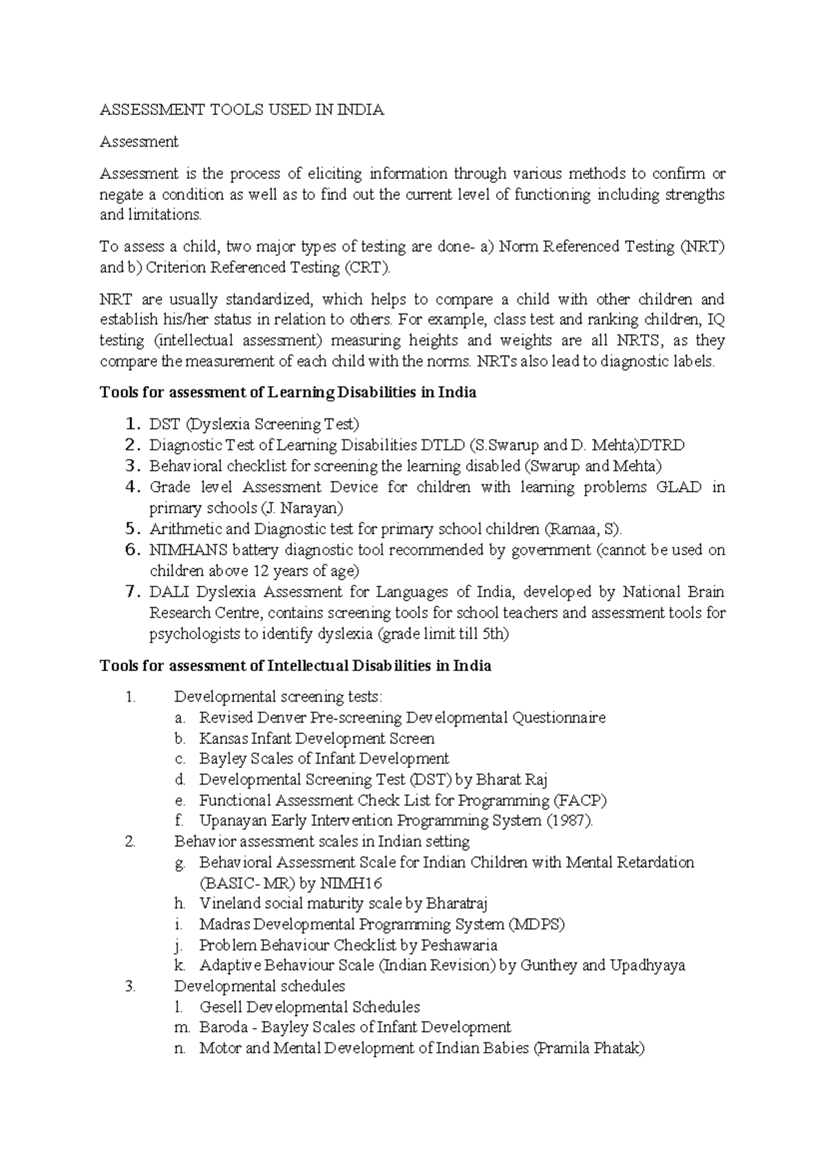 Assessment Tools for Learning & Intellectual Disabilities in India ...