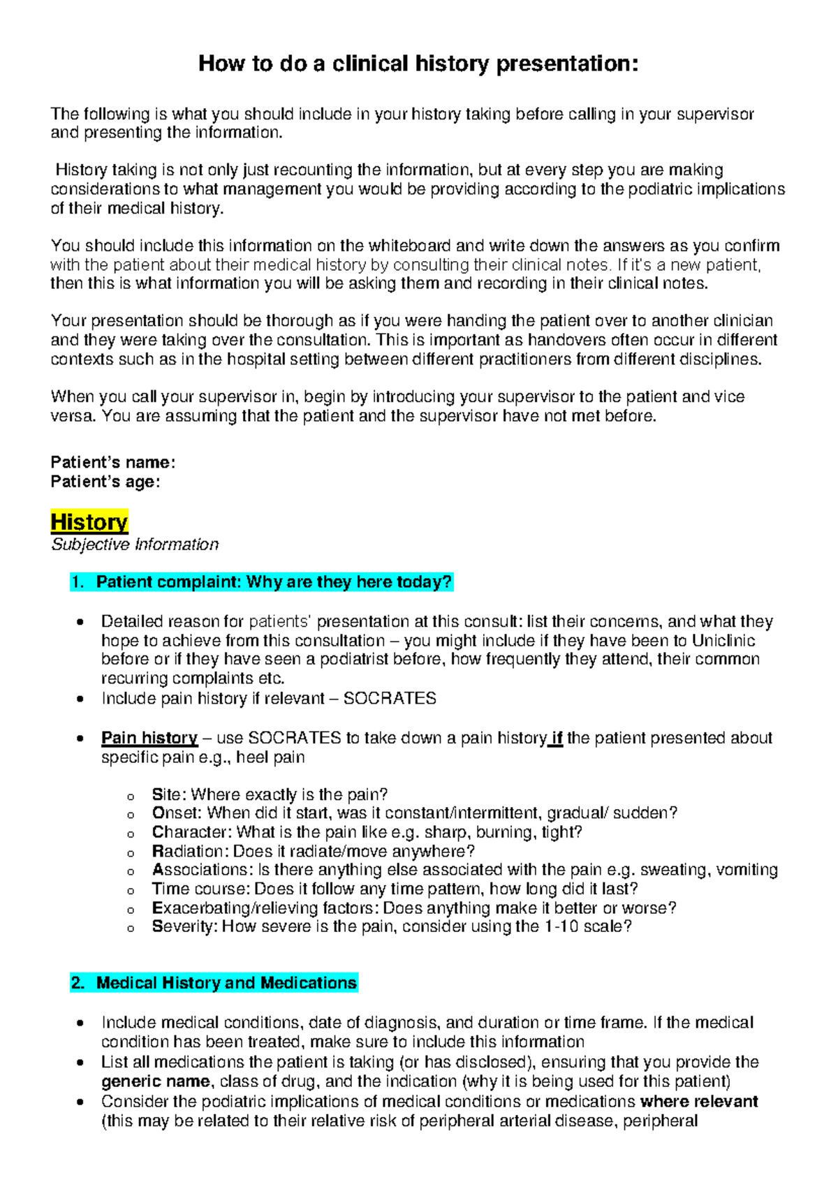 Clinical History Presentation Template for Podiatry 2024 - Studocu