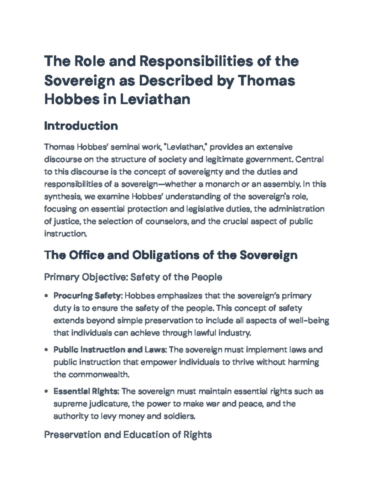 The Sovereign’s Role and Responsibilities in Hobbes’ Leviathan Analysis ...