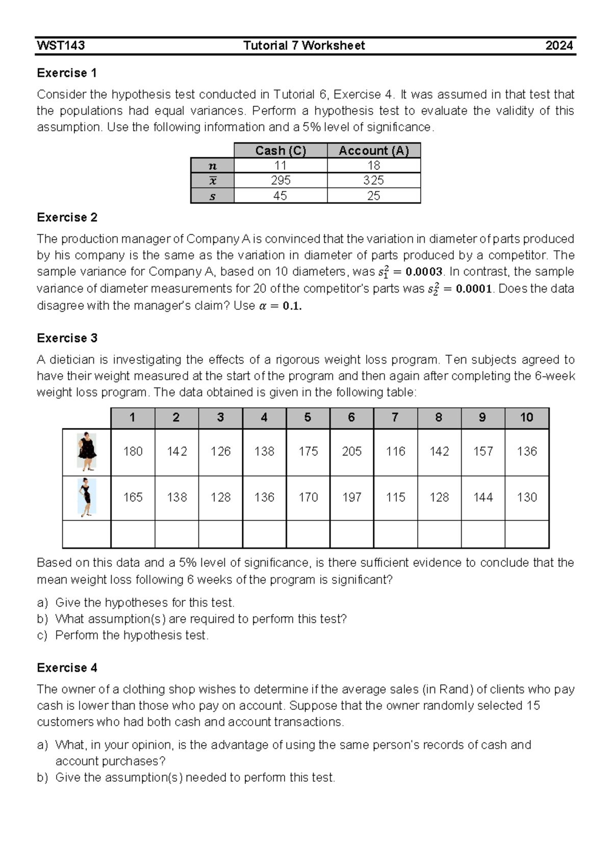 WST143 Tutorial 7 Worksheet: Hypothesis Testing Exercises 2024 - Studocu