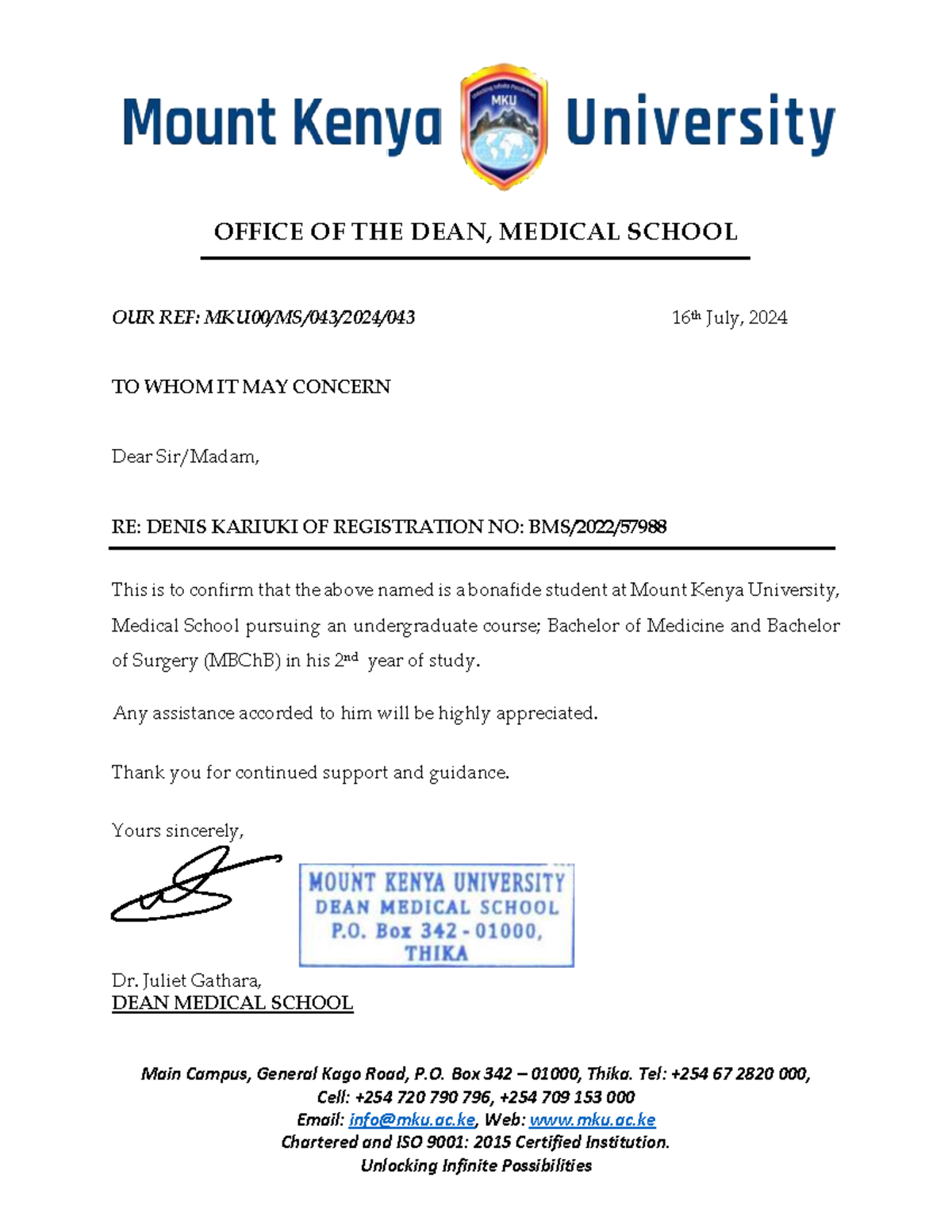 Introductory Letter for Denis Kariuki - MKU Medical School 2024 - Studocu