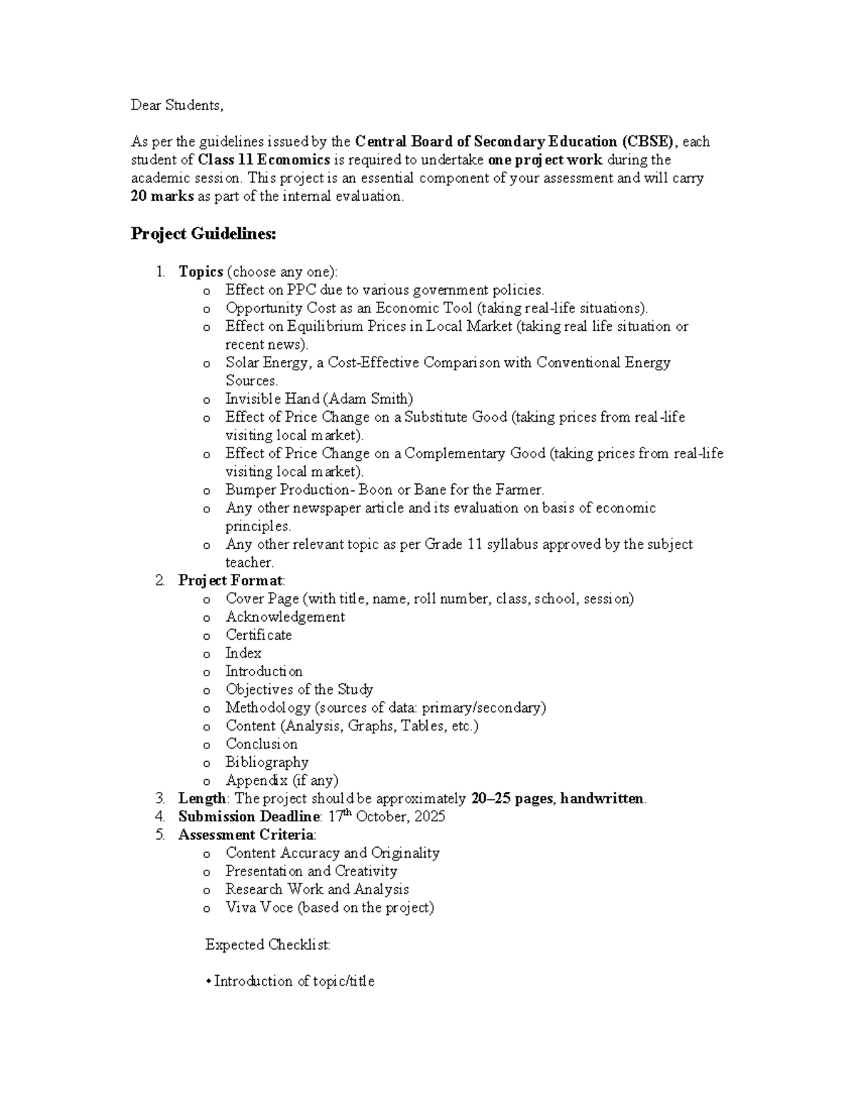 Class 11 Economics Project Work Guidelines and Requirements - Studocu