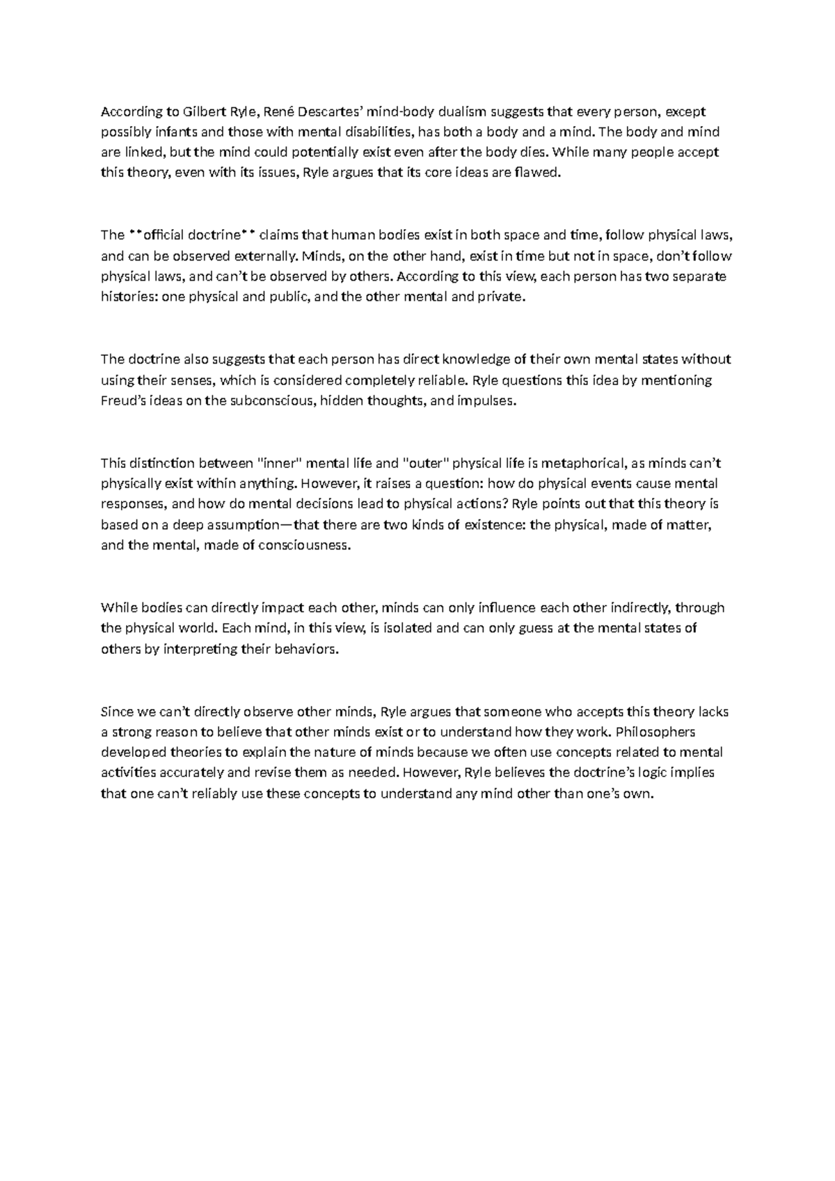 Gilbert Ryle's Critique of Dualism: Mind and Body Dynamics - Studocu