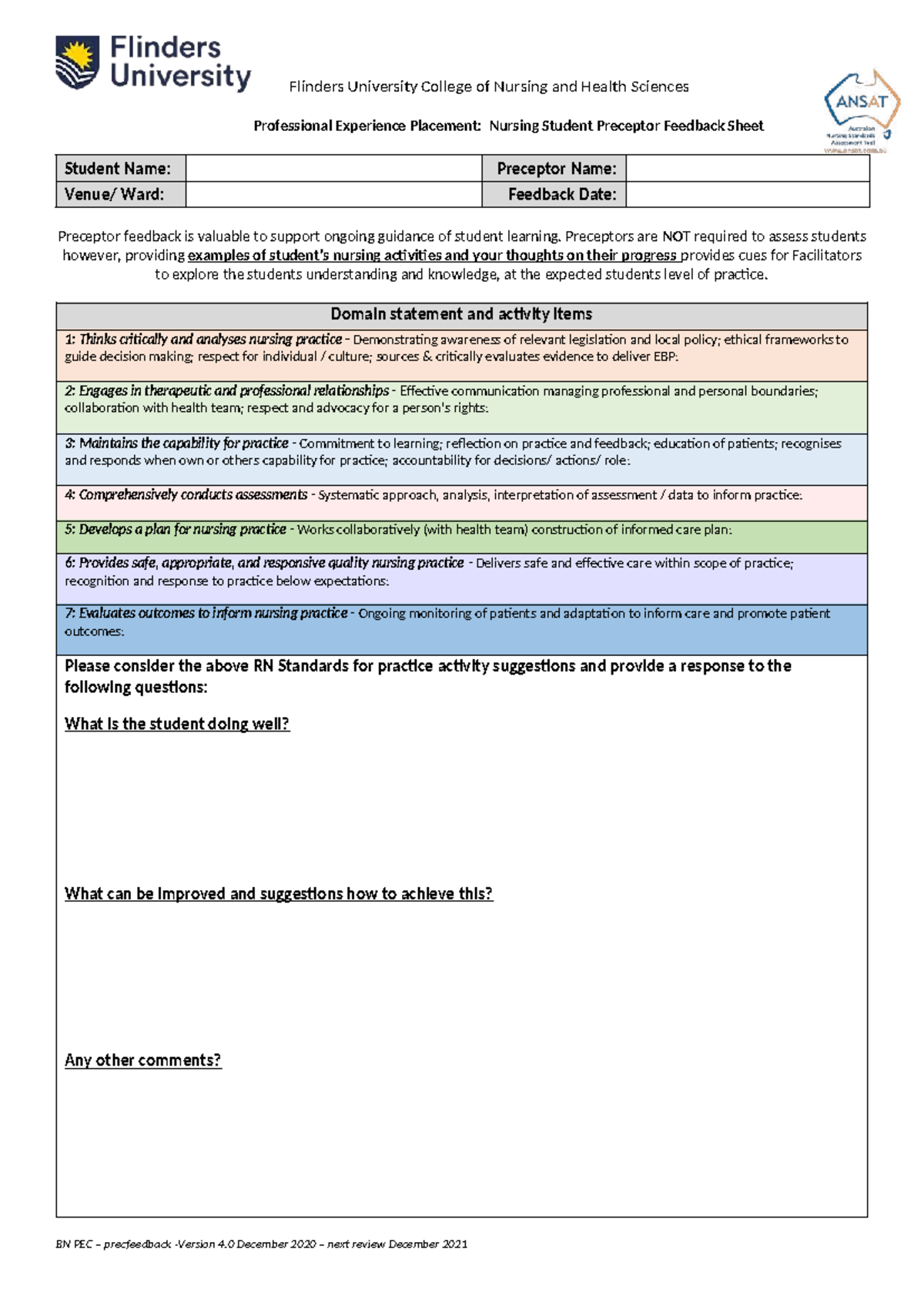 Nursing Student Preceptor Feedback Sheet: BN PEC 4.0 - Studocu