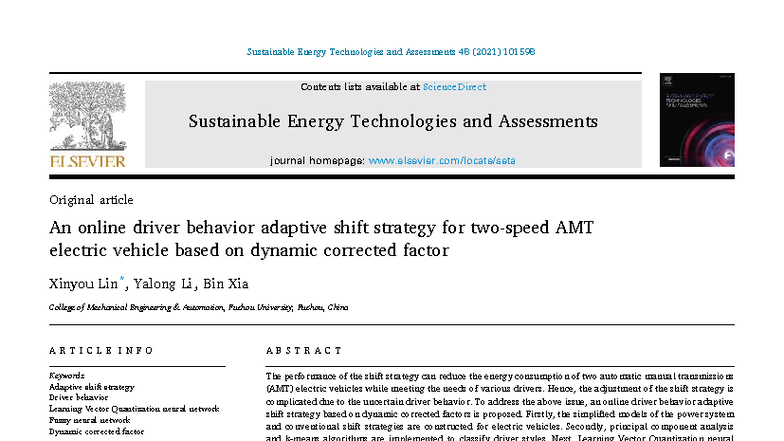 Driver Behavior Adaptive Shift Strategy for AMT Electric Vehicles - Studocu