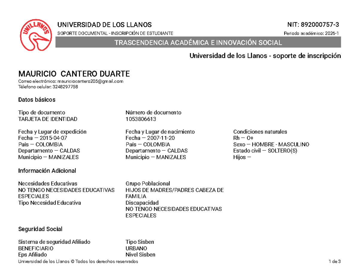 NIT: Soporte de Inscripción Estudiante - Universidad de los Llanos ...