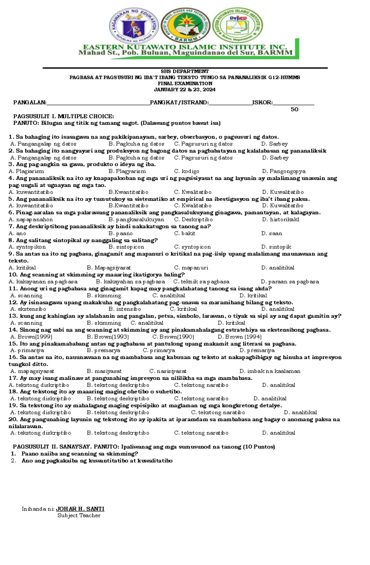 Filipino G12-HUMMS Midterm Exam: Pagbasa at Pagsusuri 2024 - Studocu