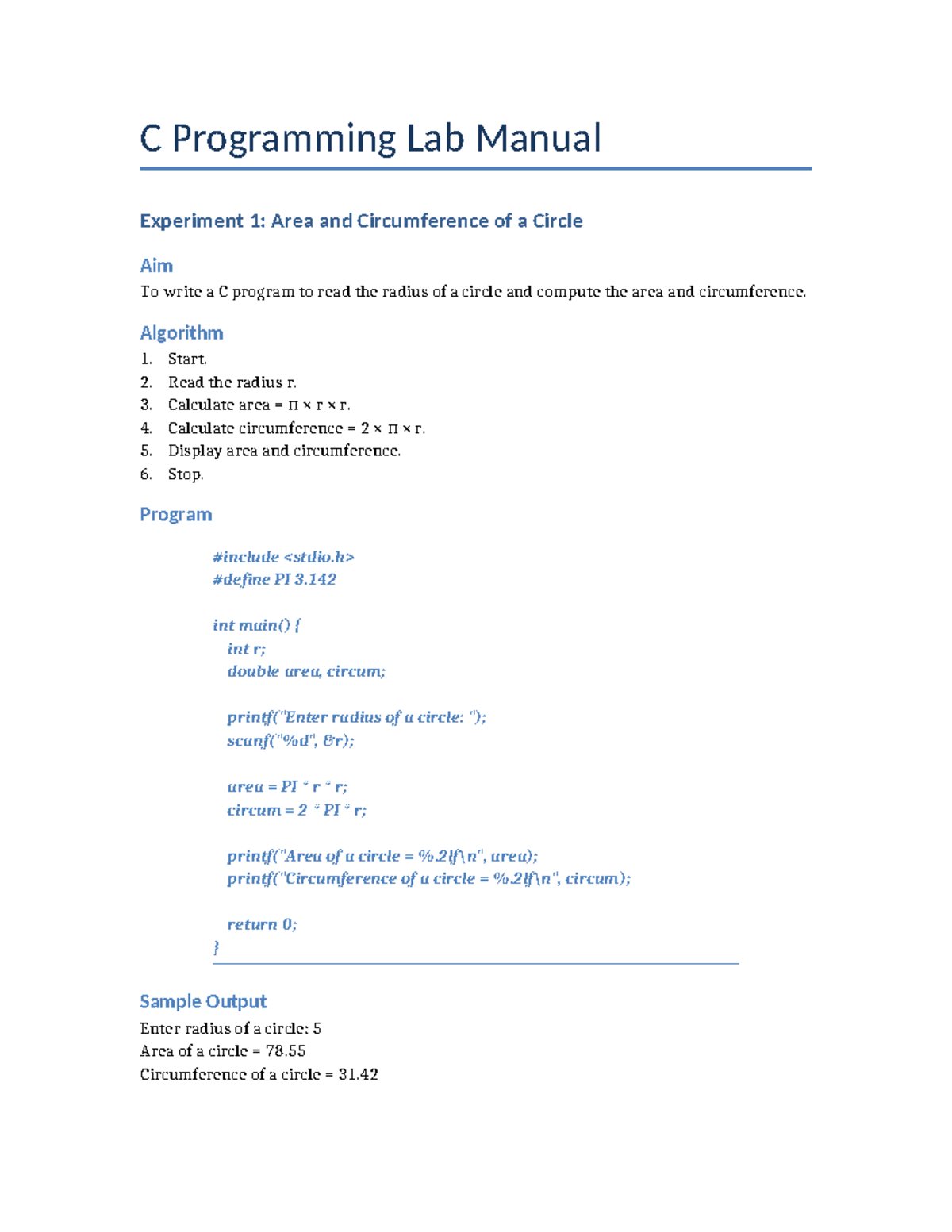 C Lab Manual: Experiments on Circle Area, Prime Check, and Grades - Studocu