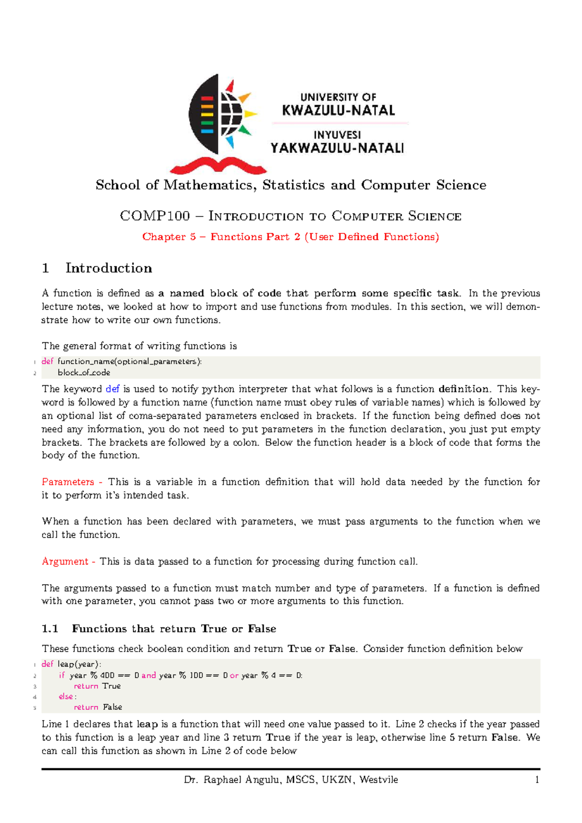 Chapter 5-2: User Defined Functions in COMP100 - Intro to CS - Studocu