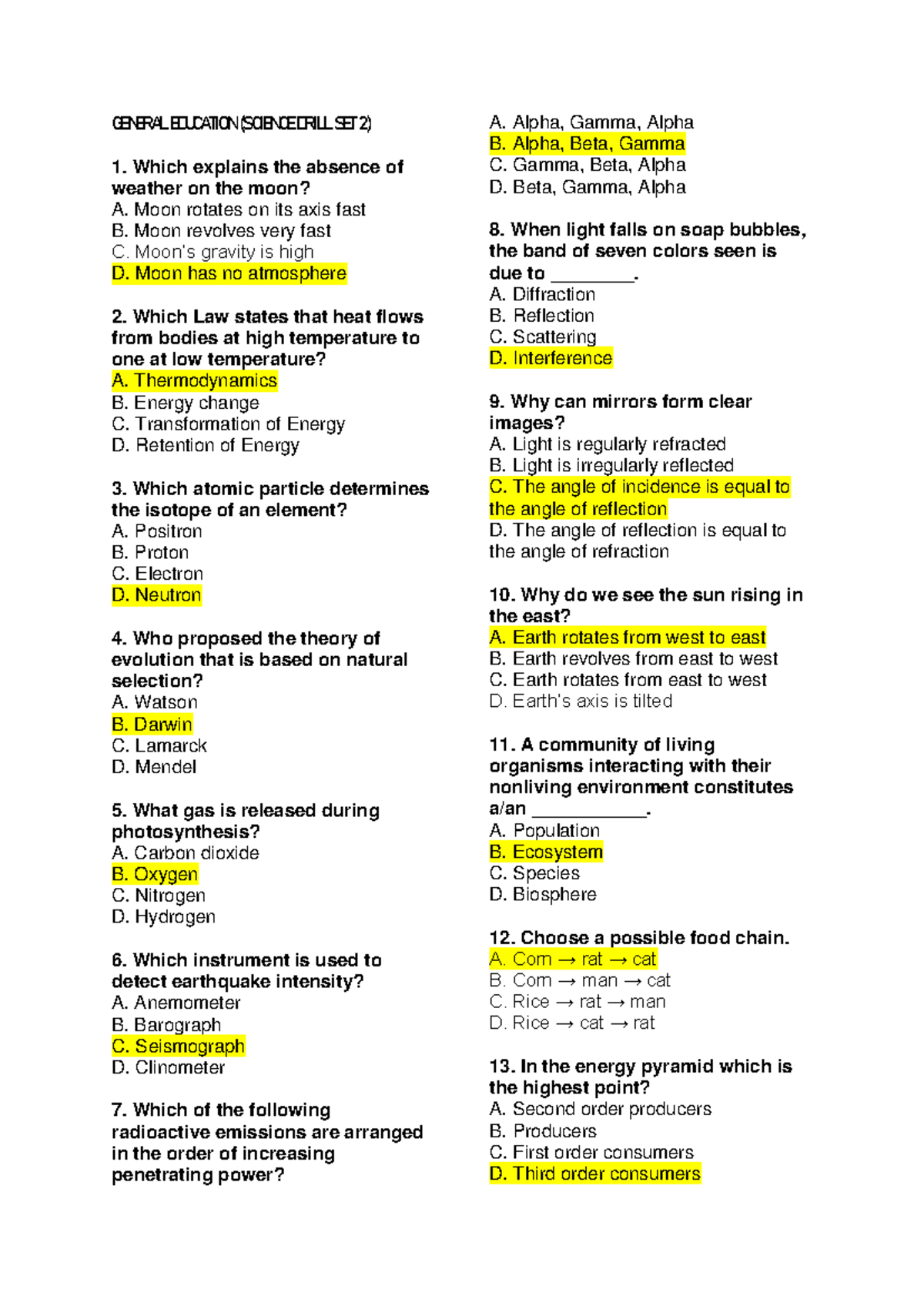 Gened Science Drill Set 2: Comprehensive Review Questions - Studocu