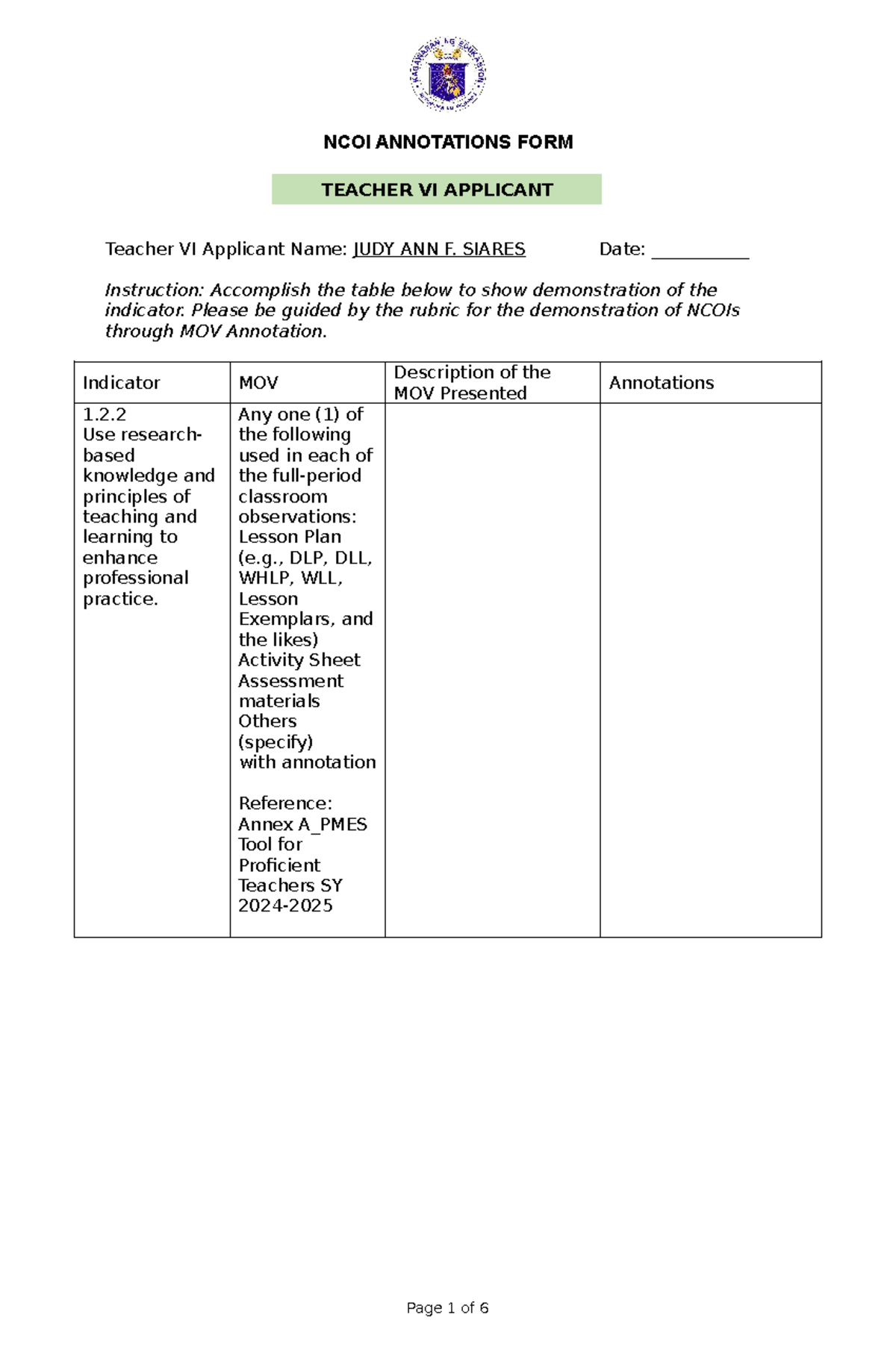 NCOI Annotations Form for Teacher VI Applicant: Judy Ann F. Siares ...