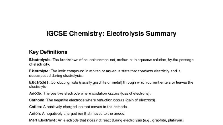 IGCSE Chemistry: Electrolysis Summary & Key Definitions - Studocu