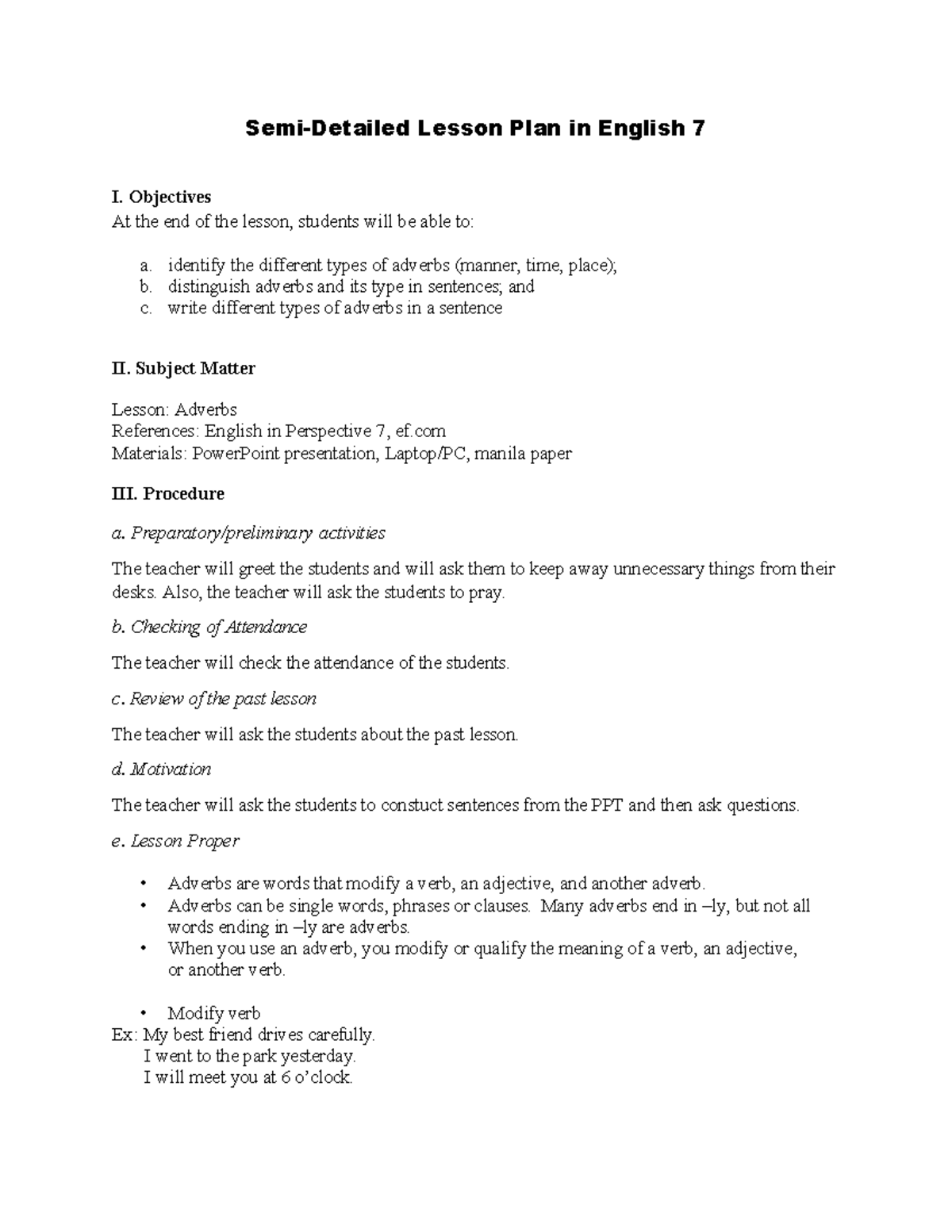 Lesson Plan: Understanding Adverbs in English 7 Class - Studocu