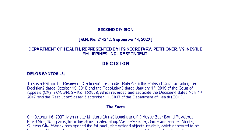 DOH vs. Nestle: Case Digest on G.R. No. 244242 Decision - Studocu