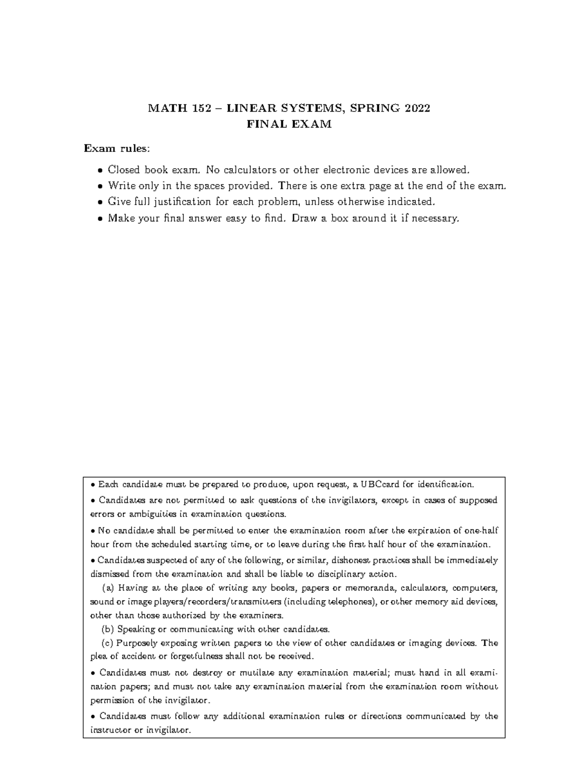 Final Exam Spring 2022 - MATH 152 – LINEAR SYSTEMS, SPRING 2022 FINAL ...