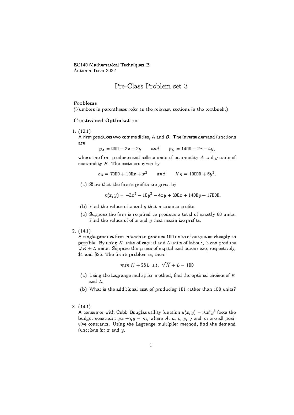 EC140 2022 23 Pre Class Problem set 3 - EC140 Mathematical Techniques B Autumn Term 2022 Pre ...