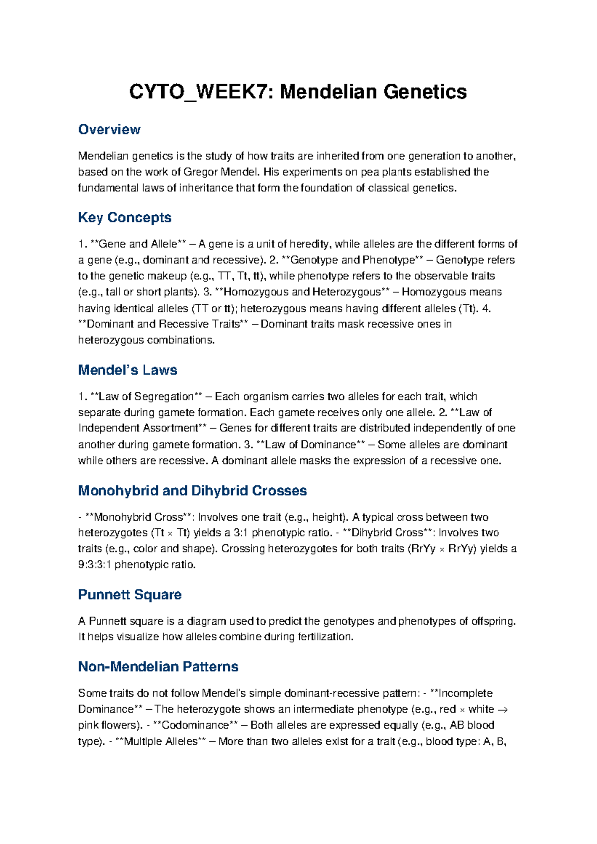 CYTO WEEK7: Overview of Mendelian Genetics Principles - Studocu