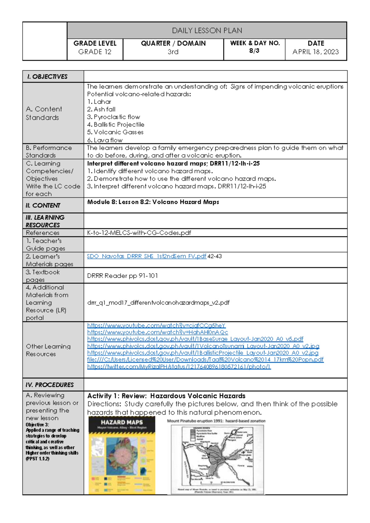 DLP-CO 1 DRRR - Final Exam Lesson Plan: Understanding Volcano Hazards ...