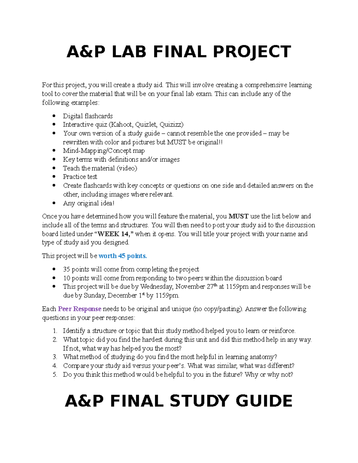 A&P LAB FINAL PROJECT: Creating Your Study Aid for Anatomy Final Exam ...