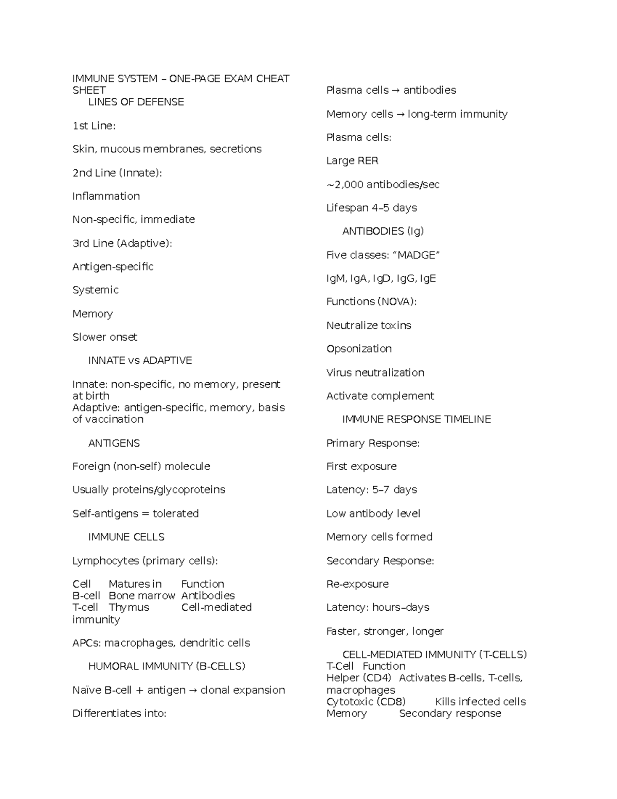 IMMUNE SYSTEM EXAM CHEAT SHEET: LINES OF DEFENSE & RESPONSES - Studocu