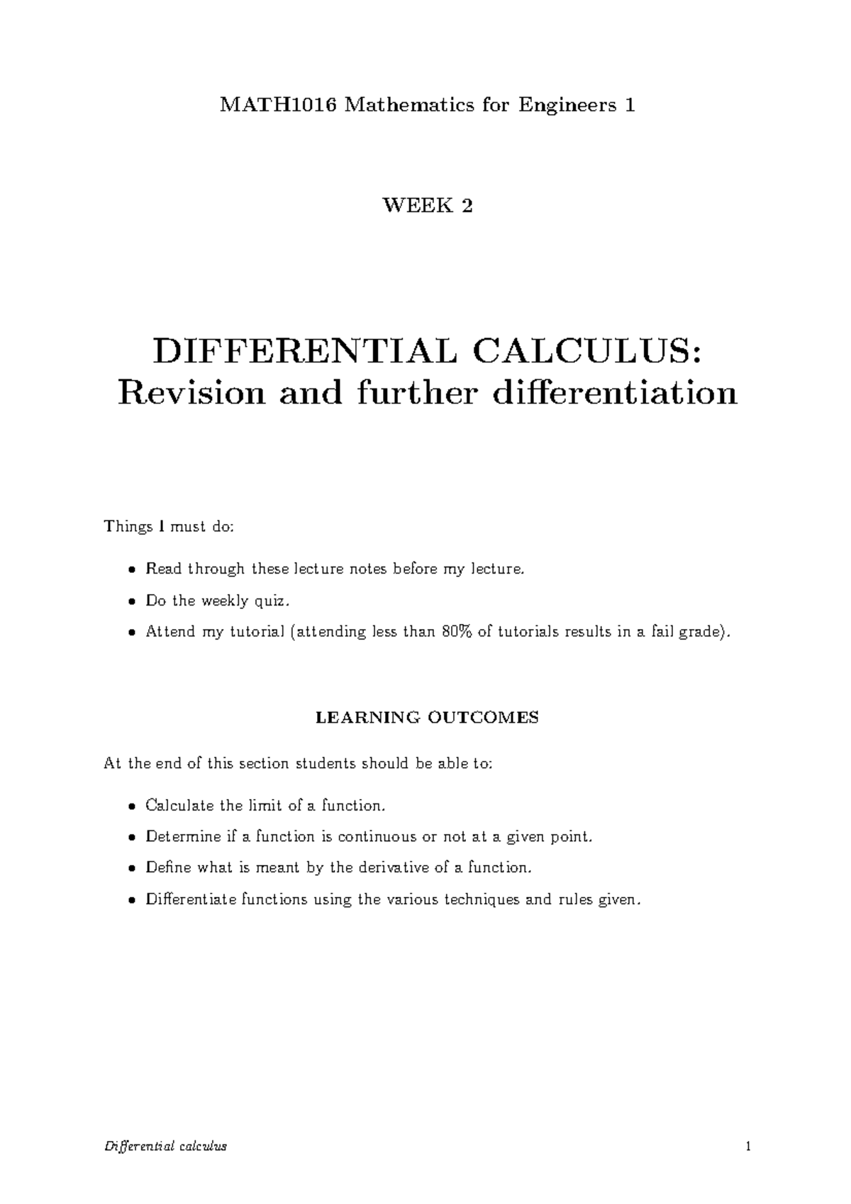 MATH1016 Mathematics for Engineers 1: Week 2 Differential Calculus ...