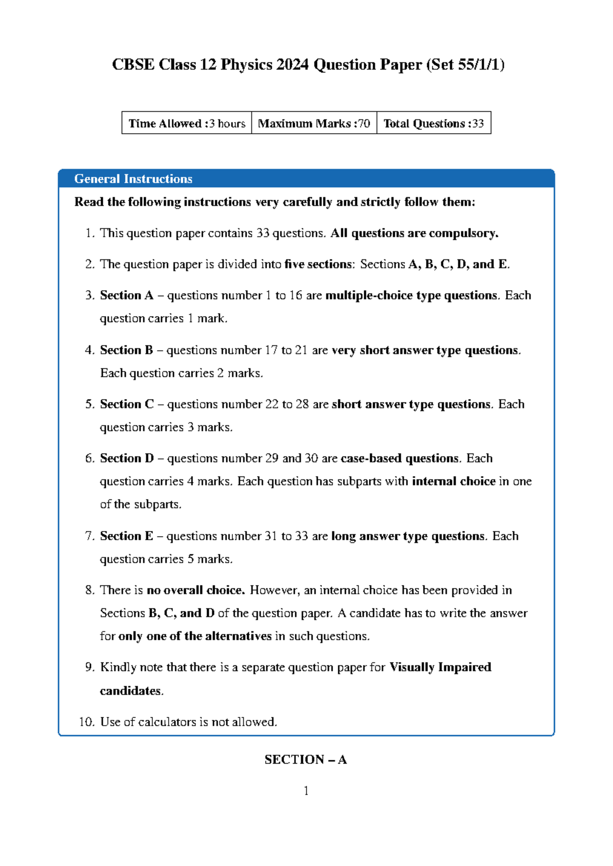 CBSE Class 12 Physics 2024 Question Paper - Complete Set with Solutions ...