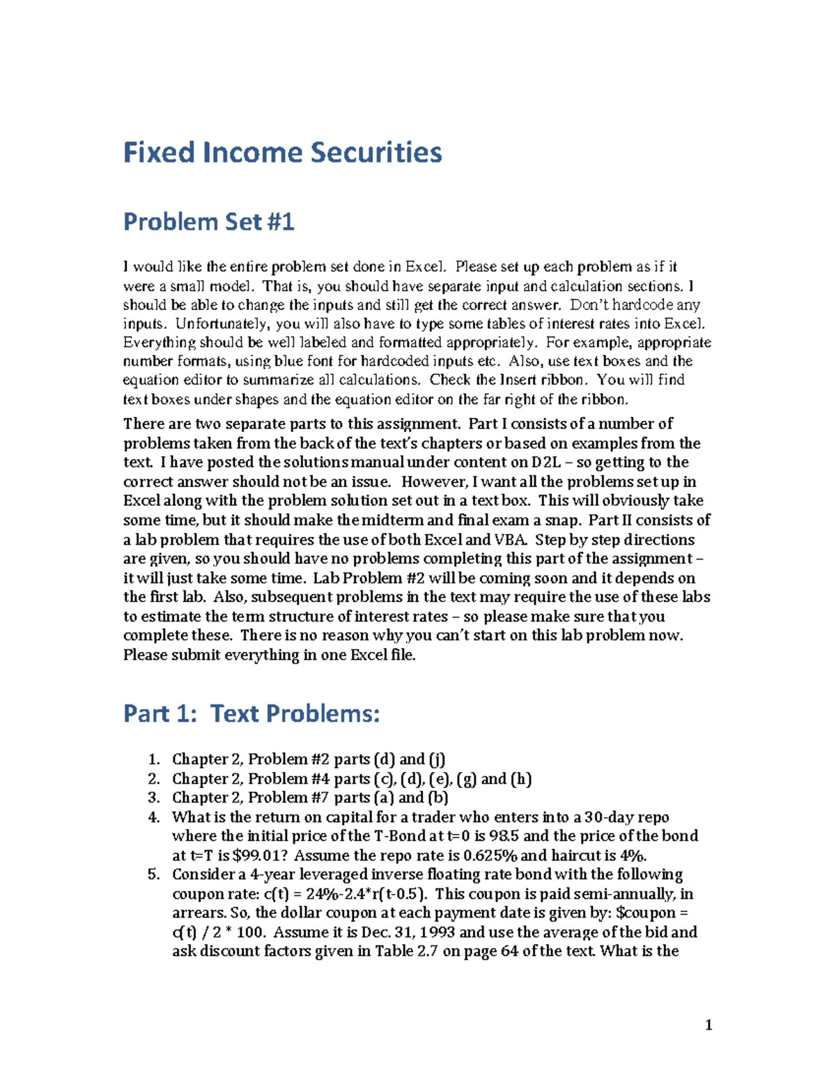 Problem Set #1 - Fixed Income Securities (FIN 301) - Studocu