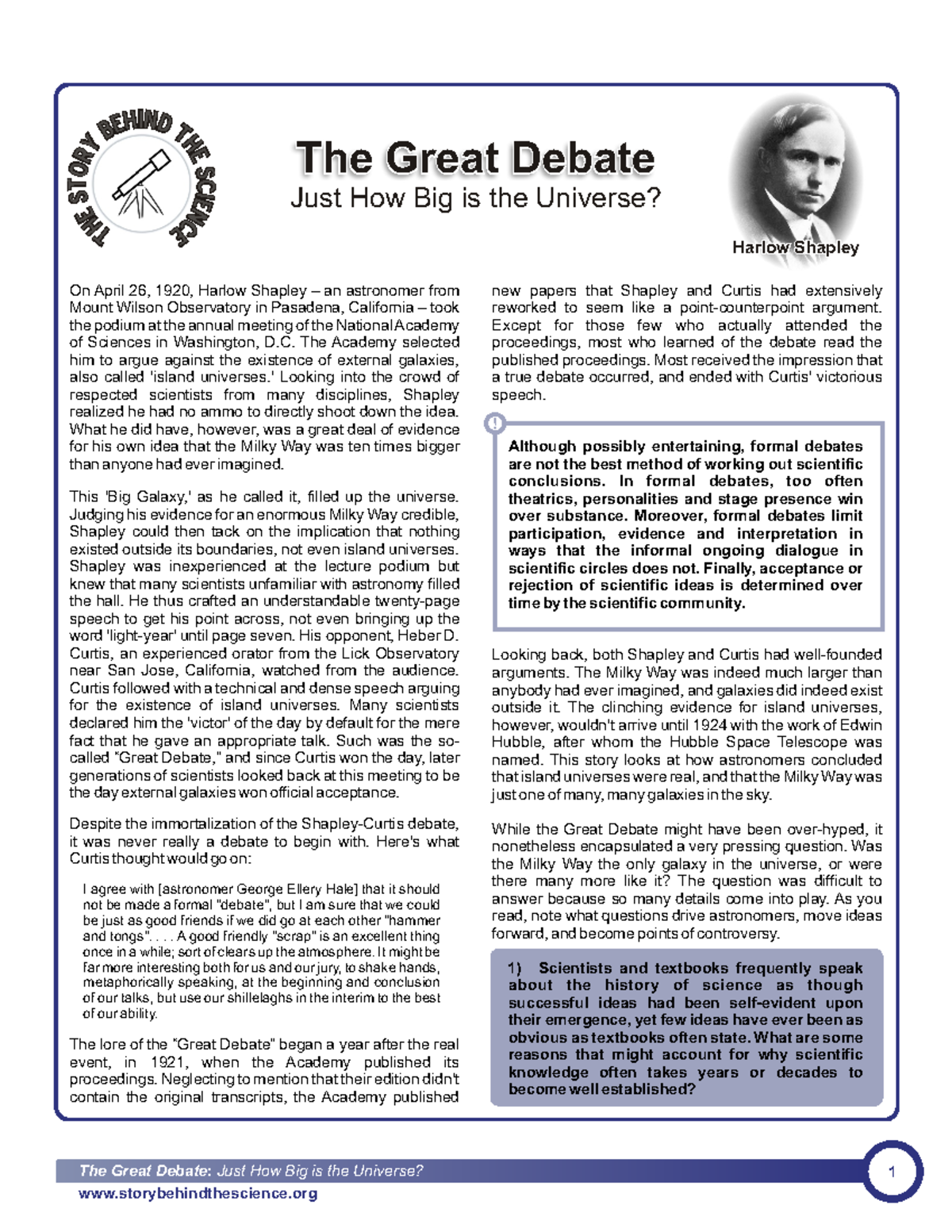 The Great Debate (1920): Understanding the Size of the Universe - Studocu