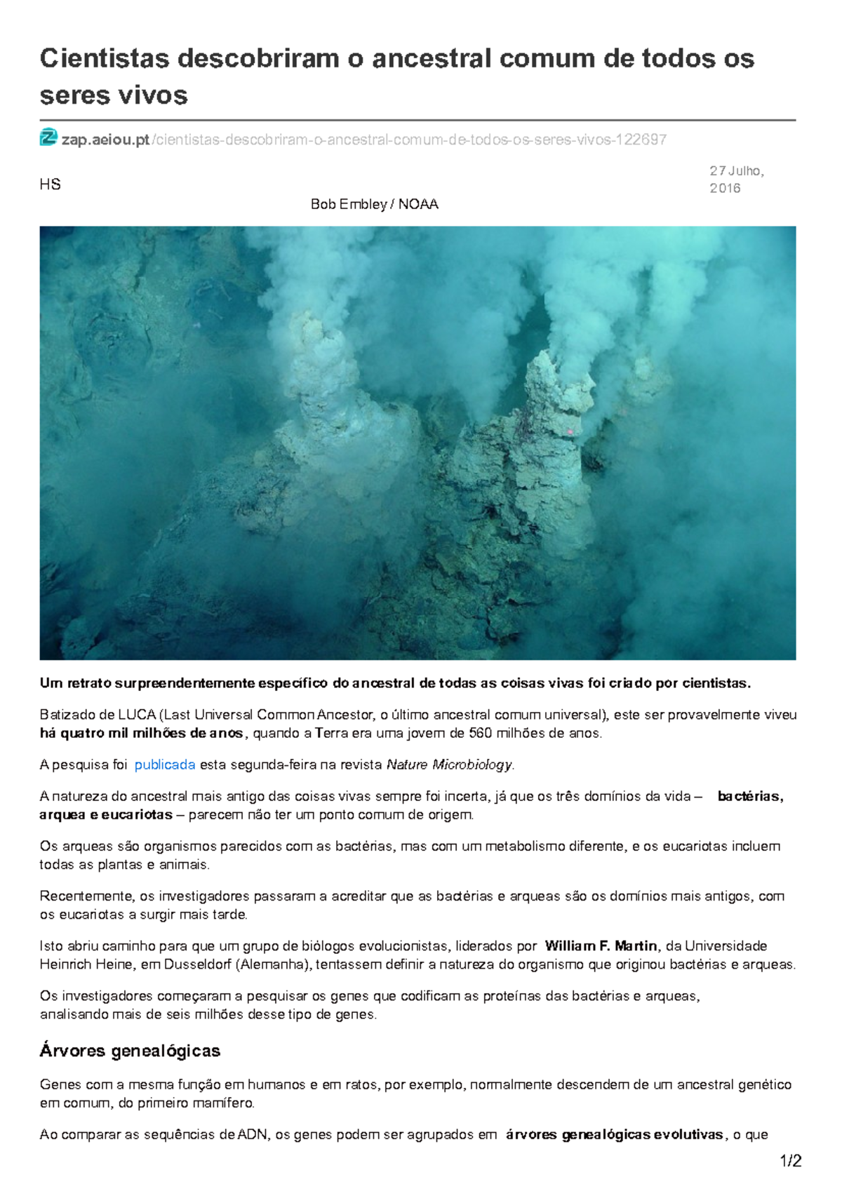 Descoberta do LUCA: Ancestral Comum de Todos os Seres Vivos - Studocu
