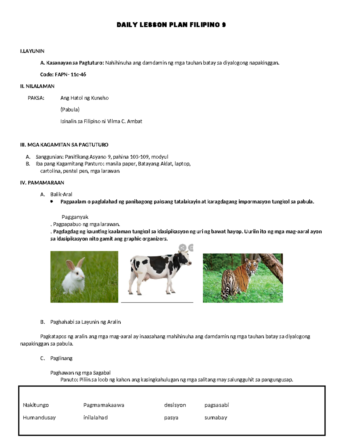 Daily Lesson Plan for Filipino 9: Ang Hatol ng Kuneho (Code: FAPN-11c) - Studocu